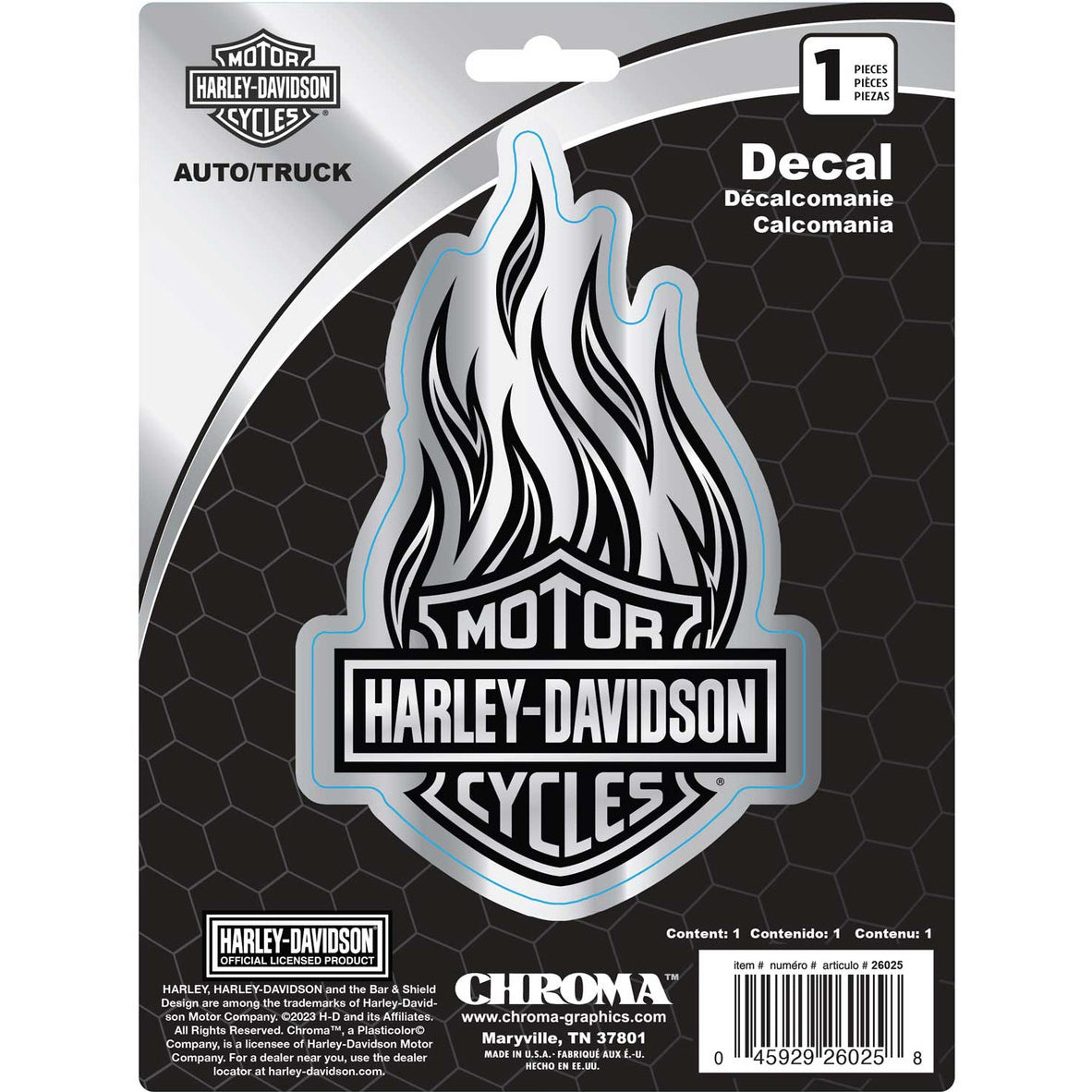 Harley-Davidson Chrome Bar & Shield Logo Flames 6 x 8 in. Decal, Silve ...